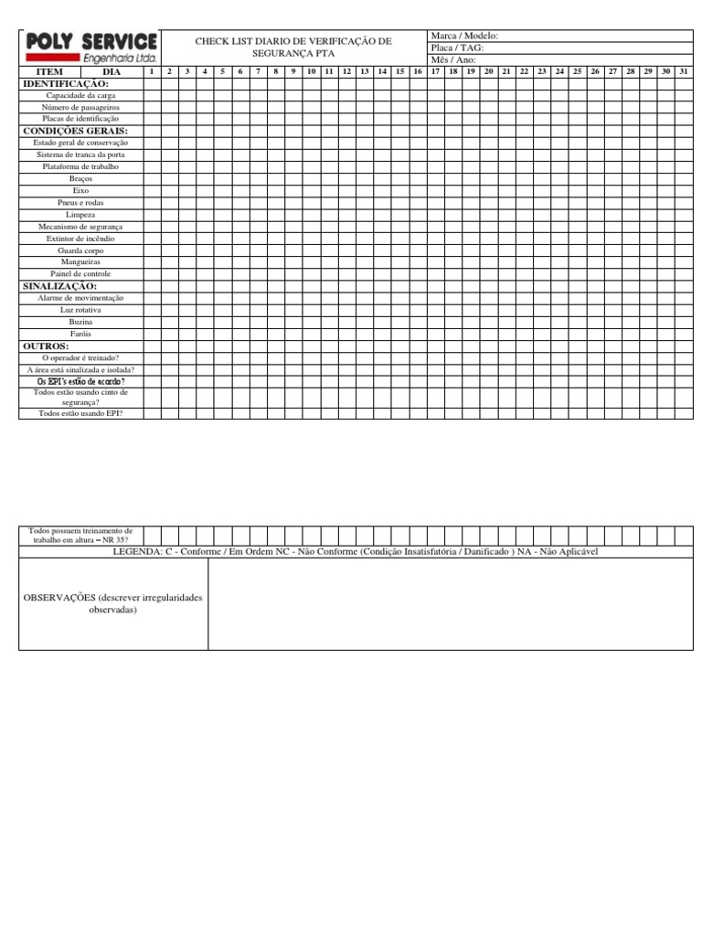 Check List Diario De Verificação De Segurança Pta Marca / Modelo: Placa ...