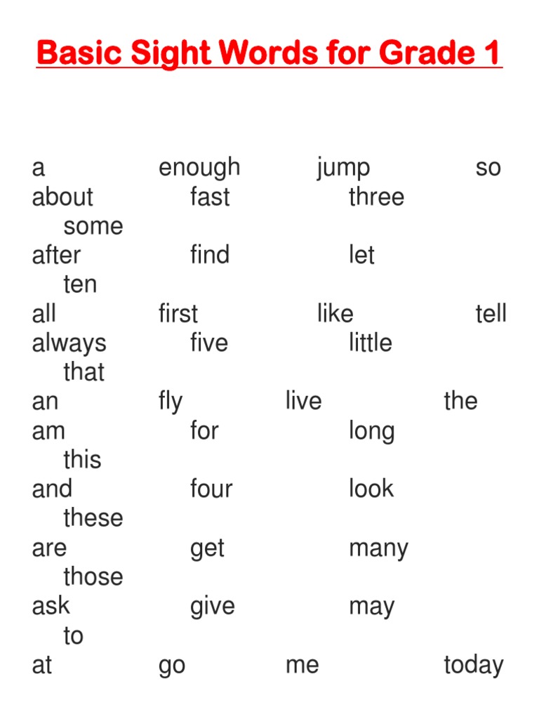 Basic Sight Words For Grade 1 | PDF