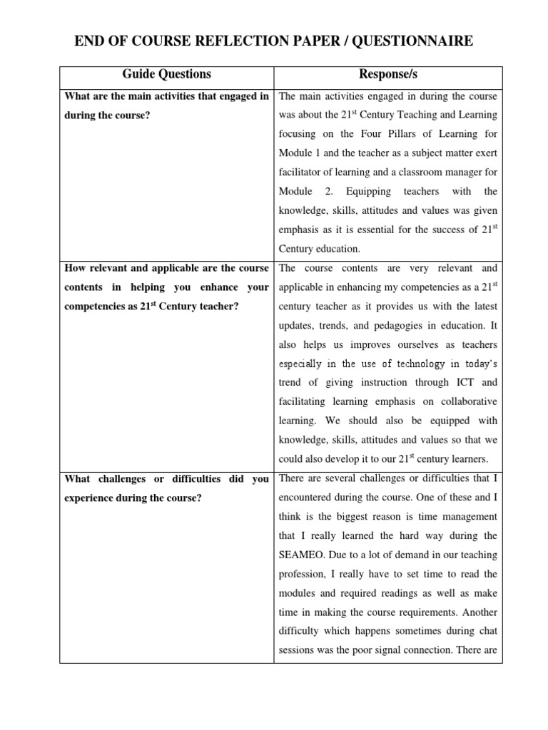 End of Course Reflection | PDF | Teachers | Learning