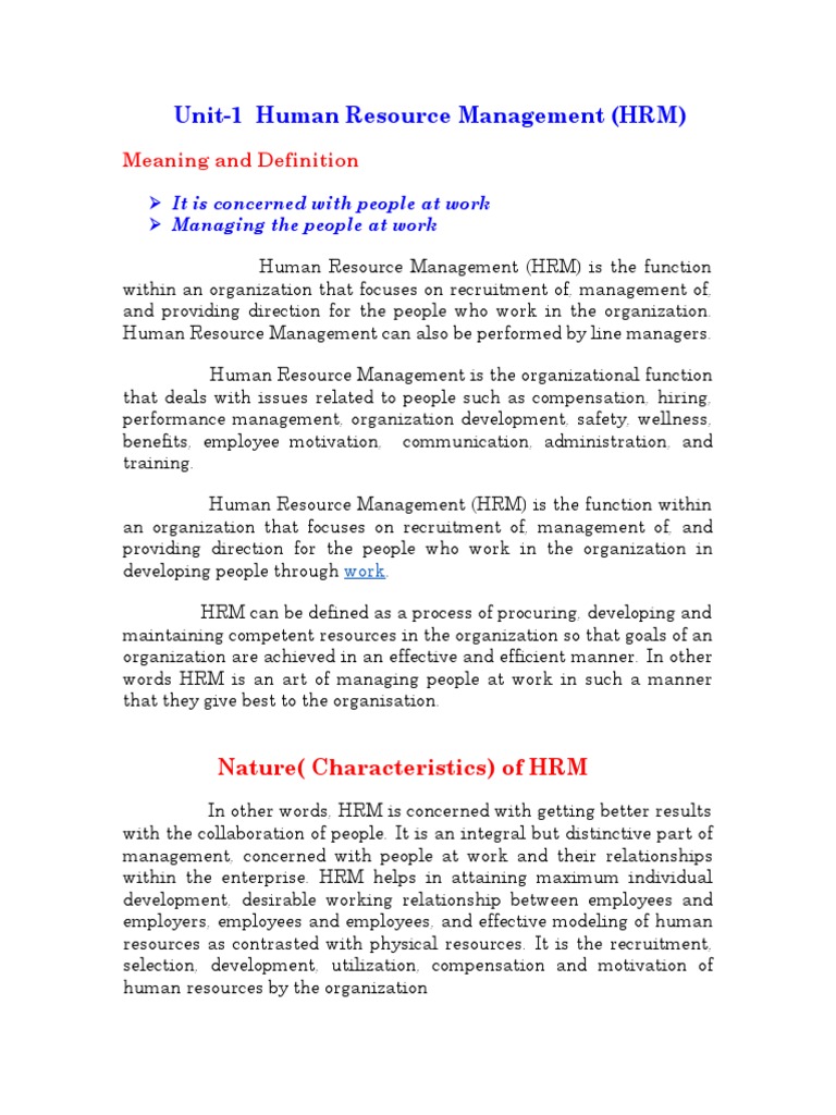 Unit-1 Human Resource Management (HRM) : Meaning and Definition | PDF ...
