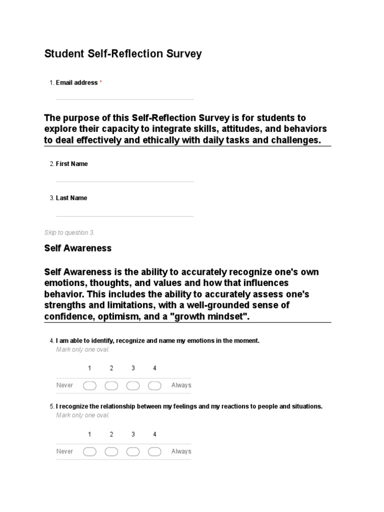 Student Self-Reflection Survey | Self Awareness | Decision Making