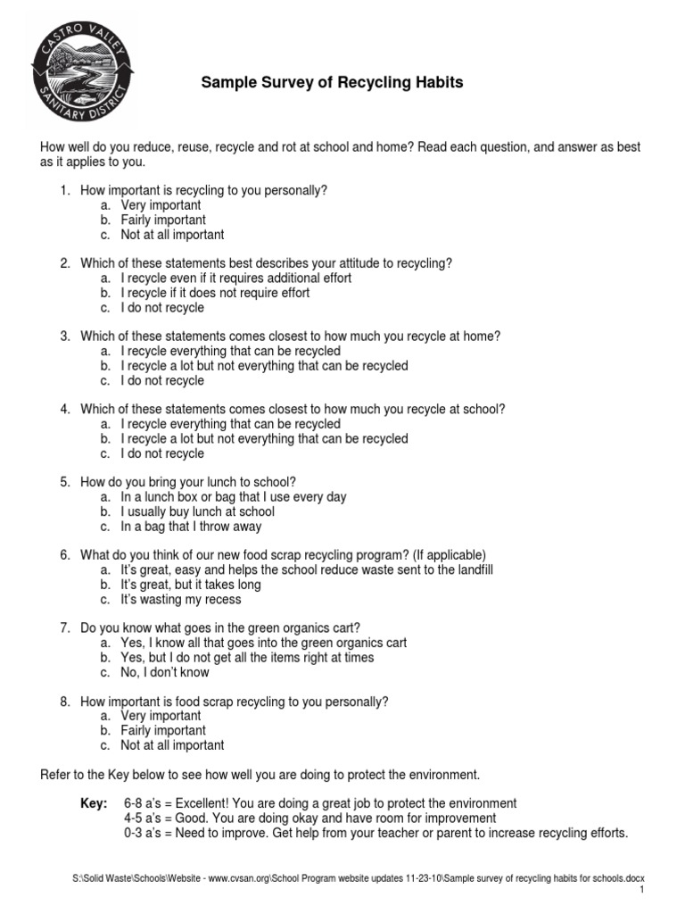 School Recycling Habits Survey Template | PDF | Wellness