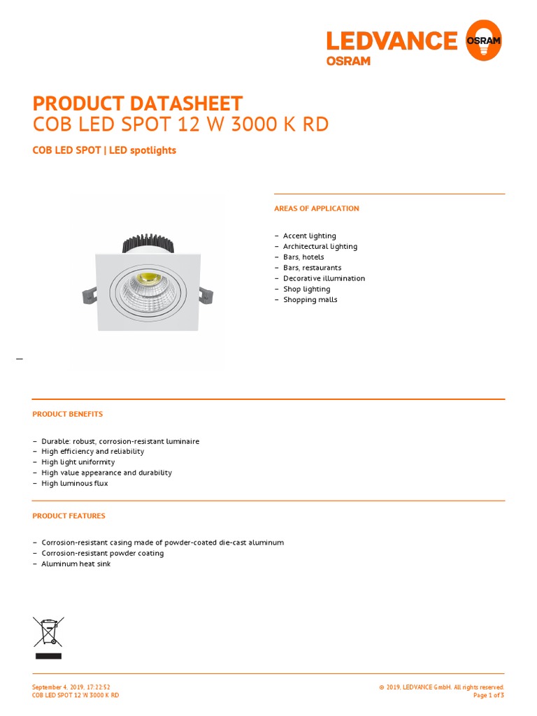 Cob Led Spot 12 W 3000 K RD: Product Datasheet | PDF | Lighting ...