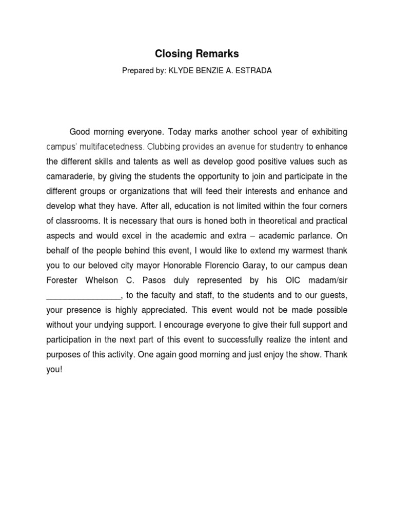 Closing Remarks: Prepared By: Klyde Benzie A. Estrada | PDF | Social ...