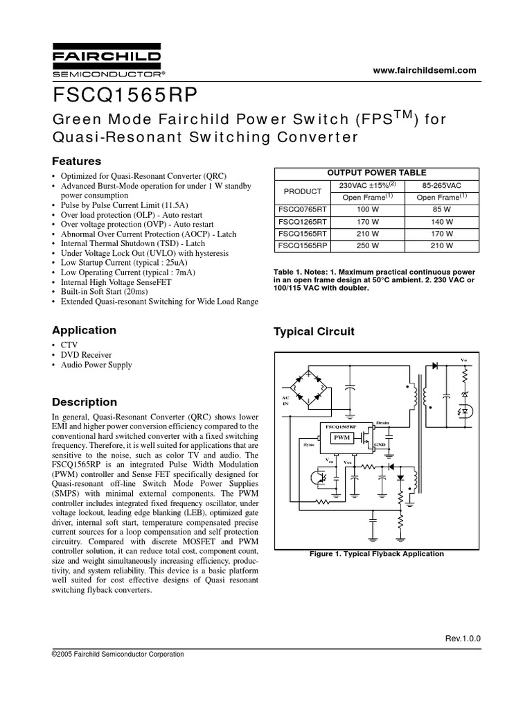 FSCQ1565RP: Green Mode Fairchild Power Switch (FPS) For Quasi-Resonant Switching Converter | PDF ...