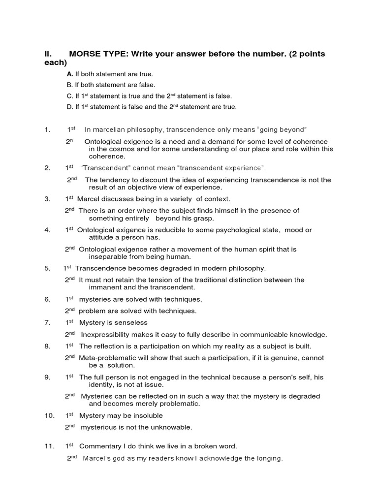 II. MORSE TYPE: Write Your Answer Before The Number. (2 Points Each ...