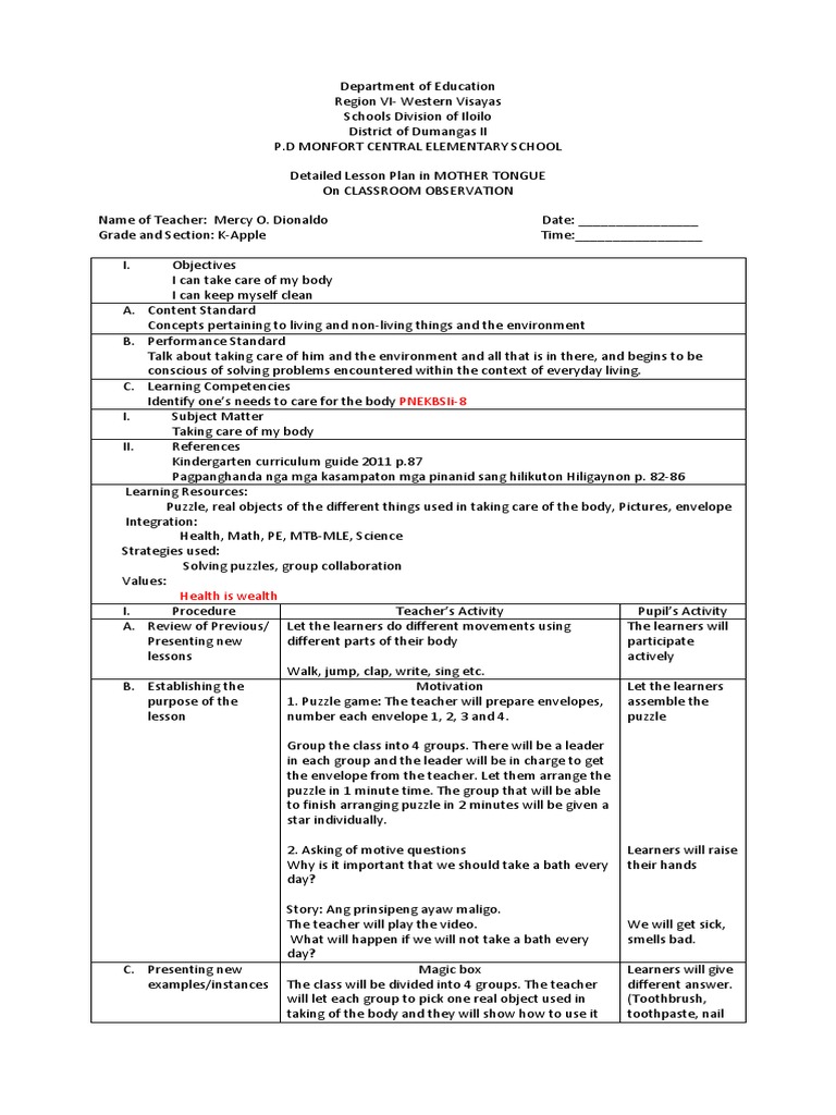 Lesson Plan (Cleaning The Body) | PDF | Lesson Plan | Education Theory