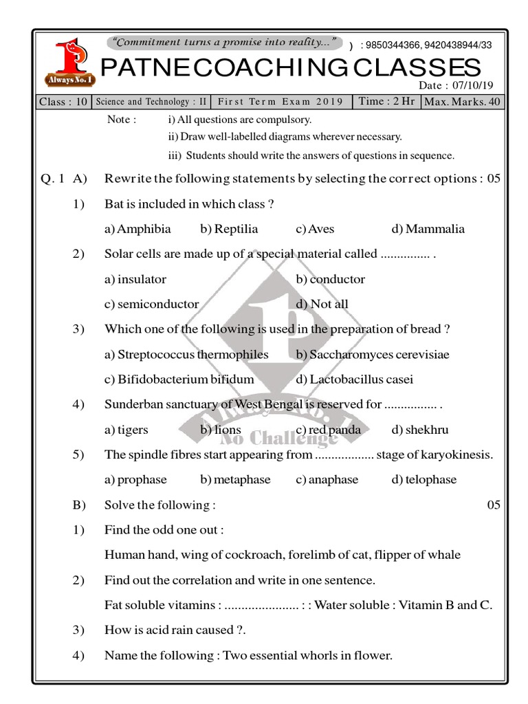 10 Sci Question Paper | PDF | Mitosis | Organisms