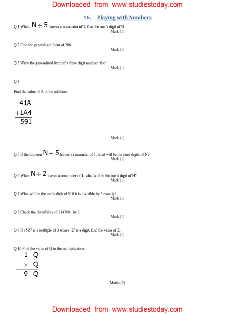 Class 8 Playing with Numbers Worksheet | PDF | Numbers | Elementary ...