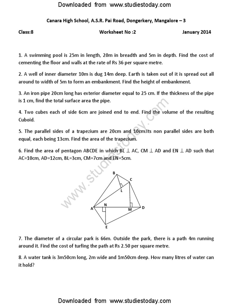 CBSE Class 8 Mathematics Revision Worksheet PDF | PDF | Area ...