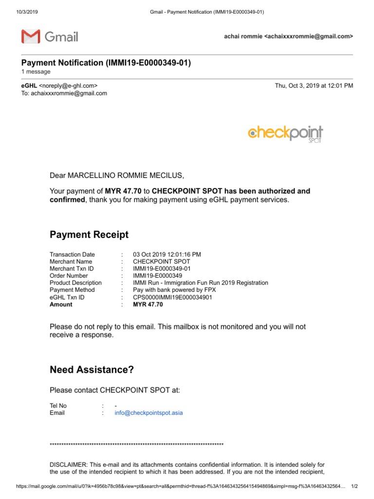 Resit Bayaran Payment Notification (IMMI19-E0000349-01) | PDF ...