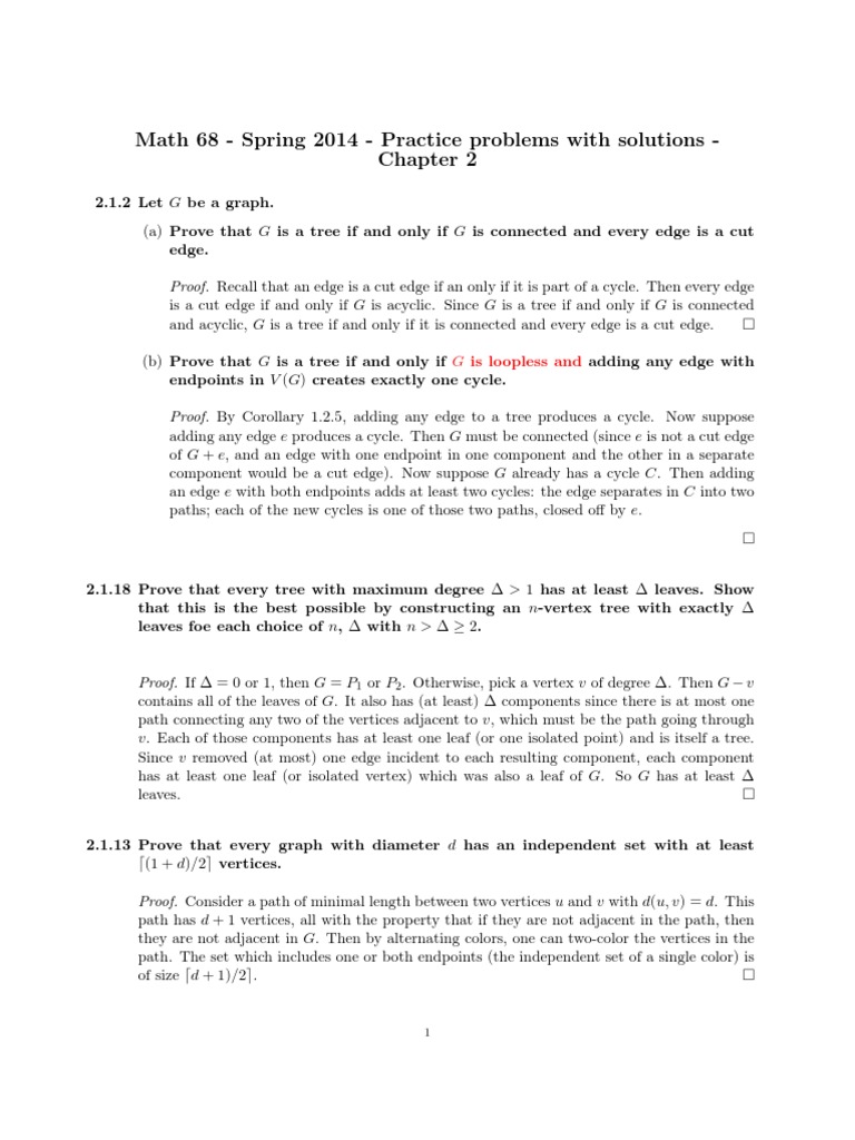 Math 68 - Spring 2014 - Practice Problems With Solutions - : G Is Loopless and | PDF | Vertex ...