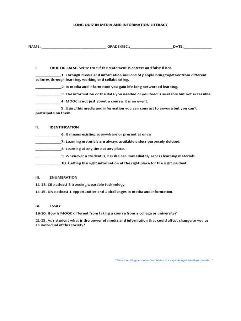 Media and Information Literacy Quiz | PDF | Career & Growth | Social ...