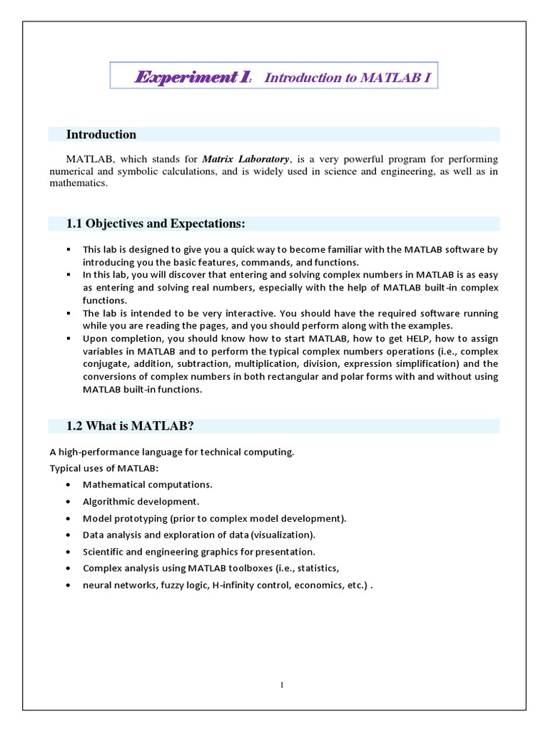 Experiment 1: Introduction To MATLAB I | Download Free PDF | Matlab | Matrix (Mathematics)