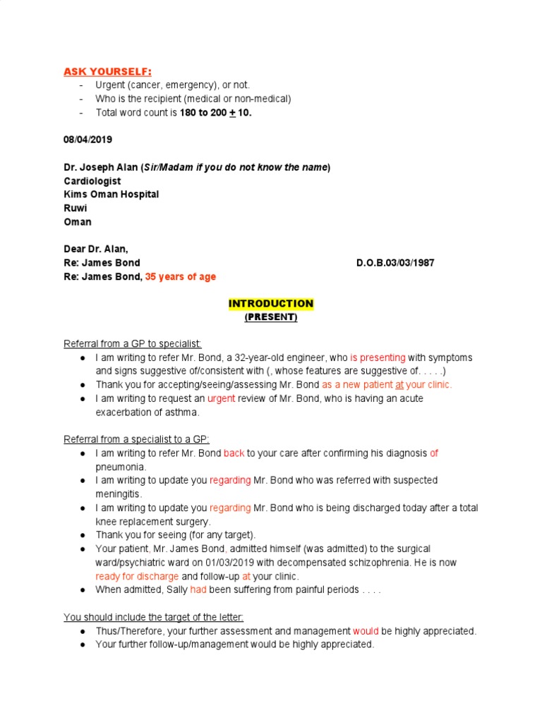 Writing Template For OET | PDF | Physical Therapy | Medical Diagnosis