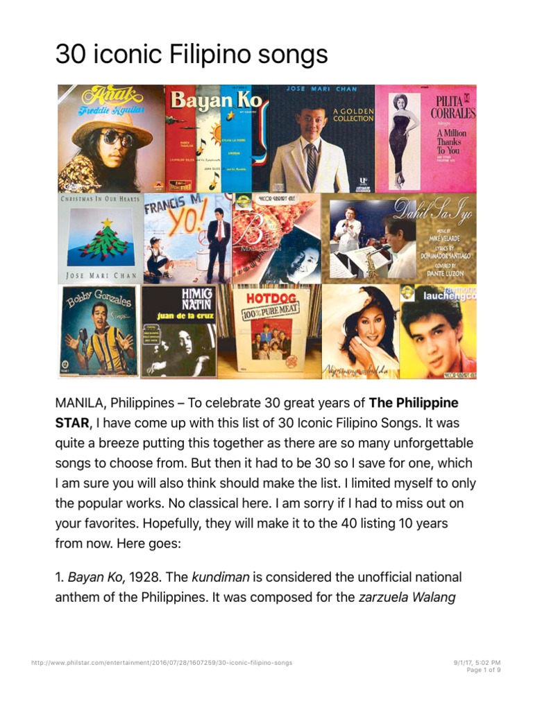 30 Iconic Filipino Songs | PDF | Philippines | Entertainment (General)