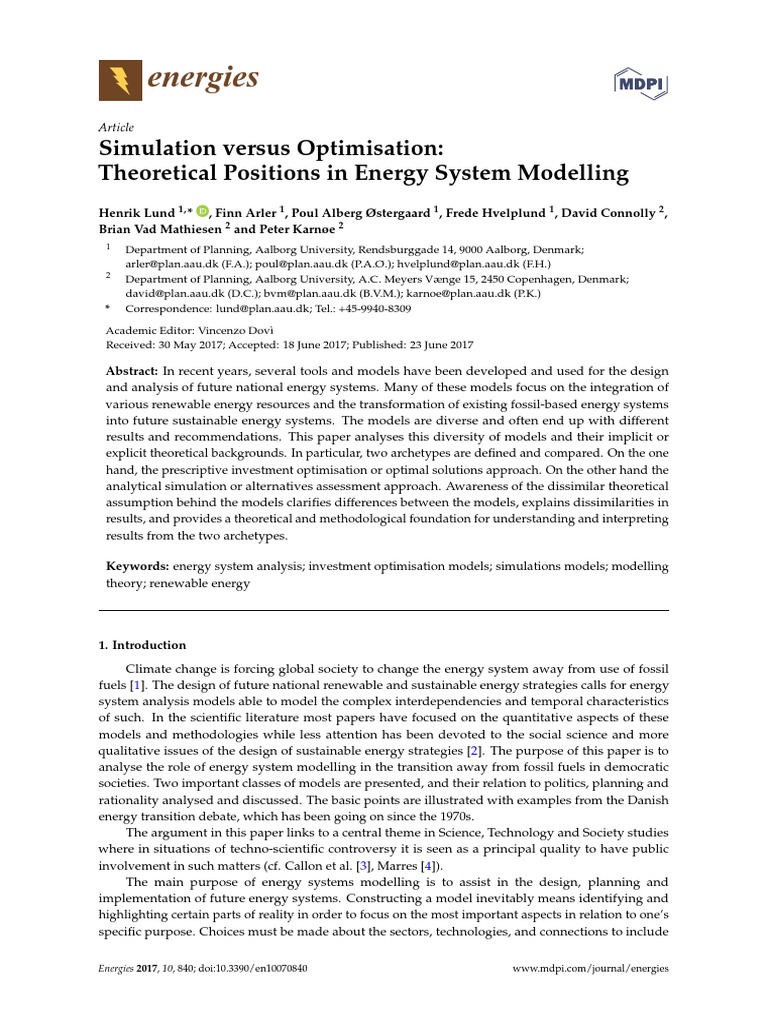 Energies: Simulation Versus Optimisation: Theoretical Positions in ...