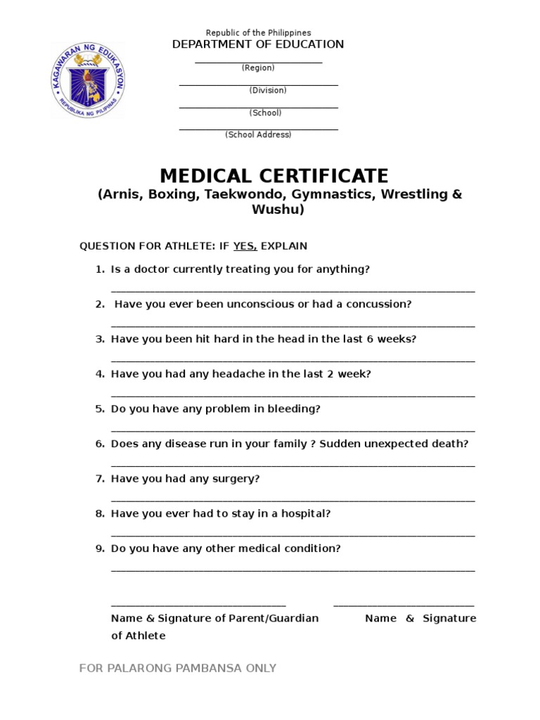 Medical Certificate: (Arnis, Boxing, Taekwondo, Gymnastics, Wrestling ...