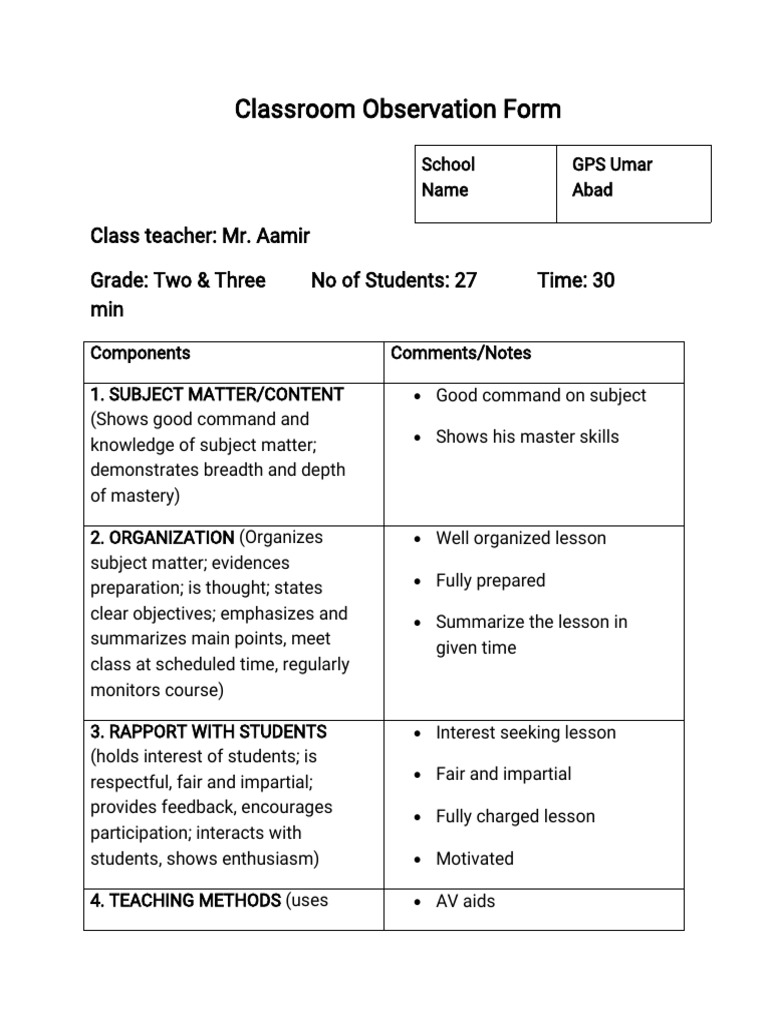 Classroom Observation Summary | PDF