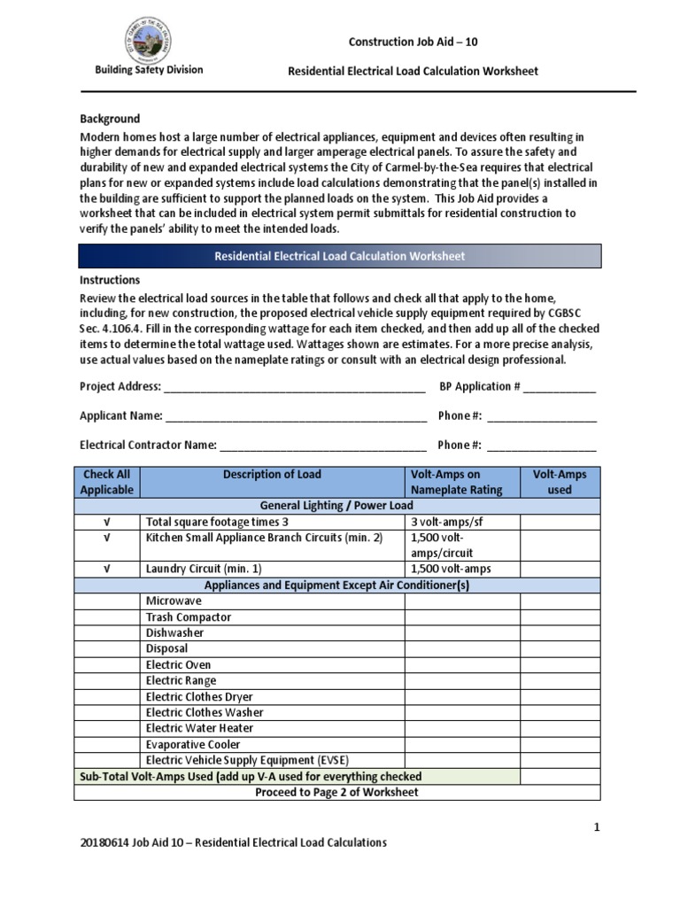 Residential Electrical Load Calculation Worksheet: Building Safety ...