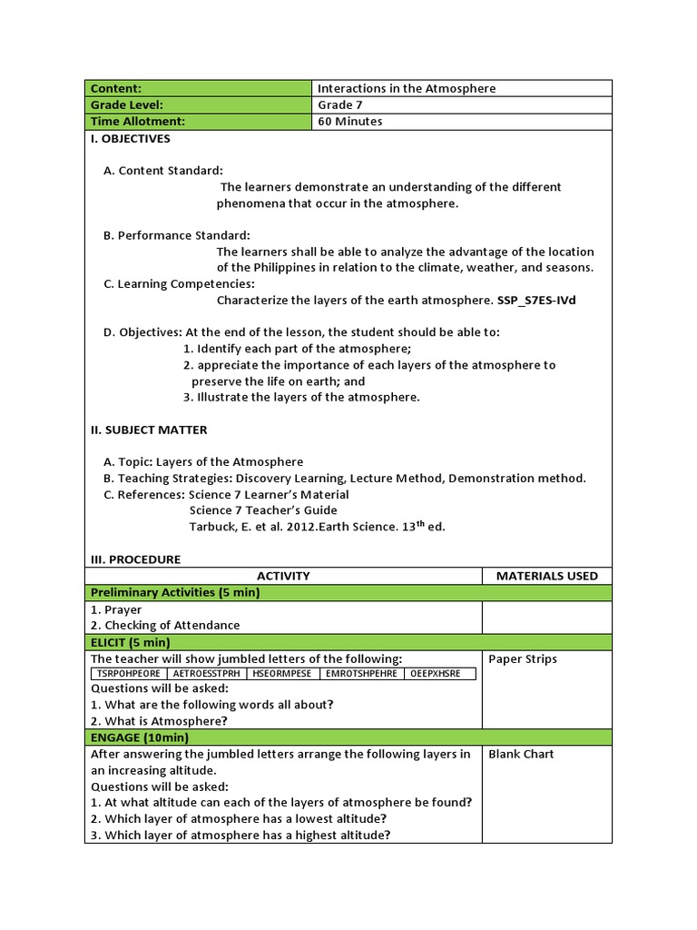 Grade 7 Lesson Plan: Atmosphere Layers | PDF | Atmosphere Of Earth ...