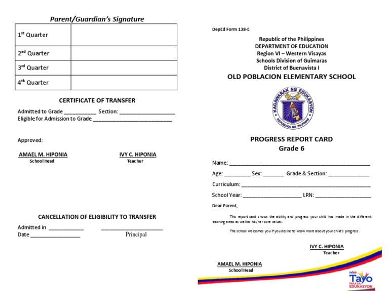 Parent/Guardian's Signature: 1 Quarter 2 Quarter 3 Quarter 4 Quarter ...