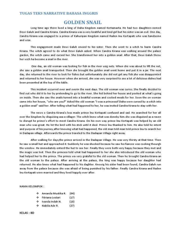 Golden Snail: Tugas Teks Narrative Bahasa Inggris | PDF | Fairy Tale ...