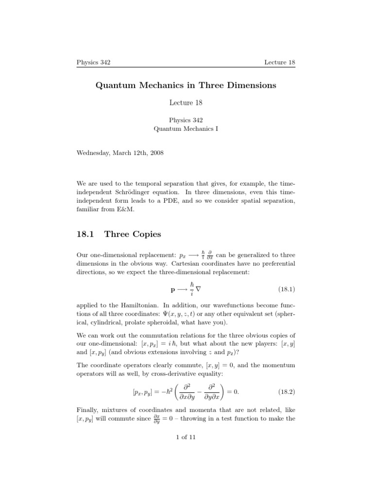 Quantum Mechanics in 3D: Lecture 18 | PDF | Wave Function | Hamiltonian ...