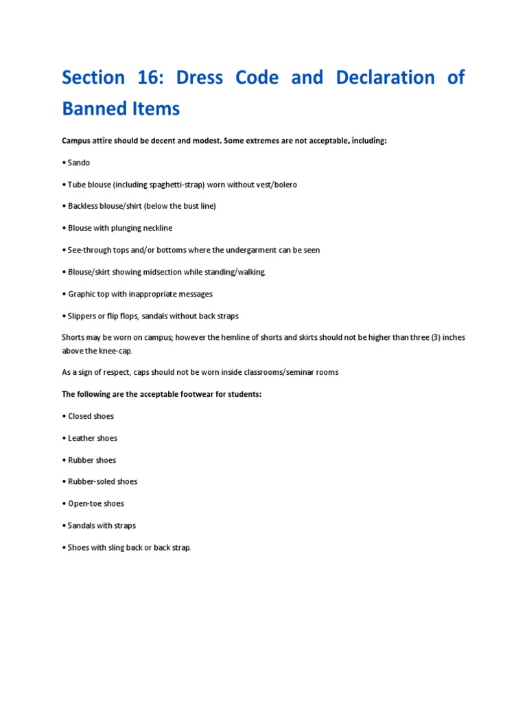 Section 16: Dress Code and Declaration of Banned Items | PDF | Bullying ...