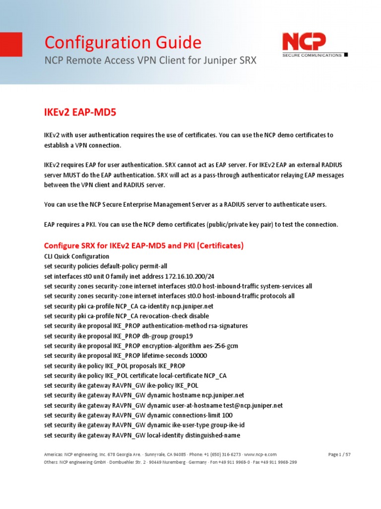 Juniper SRX IKEv2 EAP MD5 Config | PDF | Radius | Computer Security