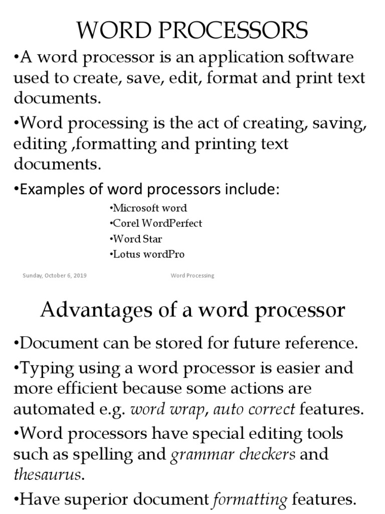 Word Processors: - Microsoft Word - Corel Wordperfect - Word Star ...