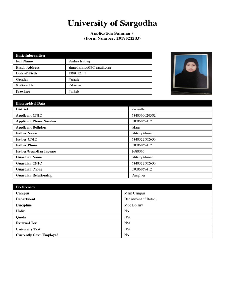 University of Sargodha: Application Summary (Form Number: 2019021283 ...