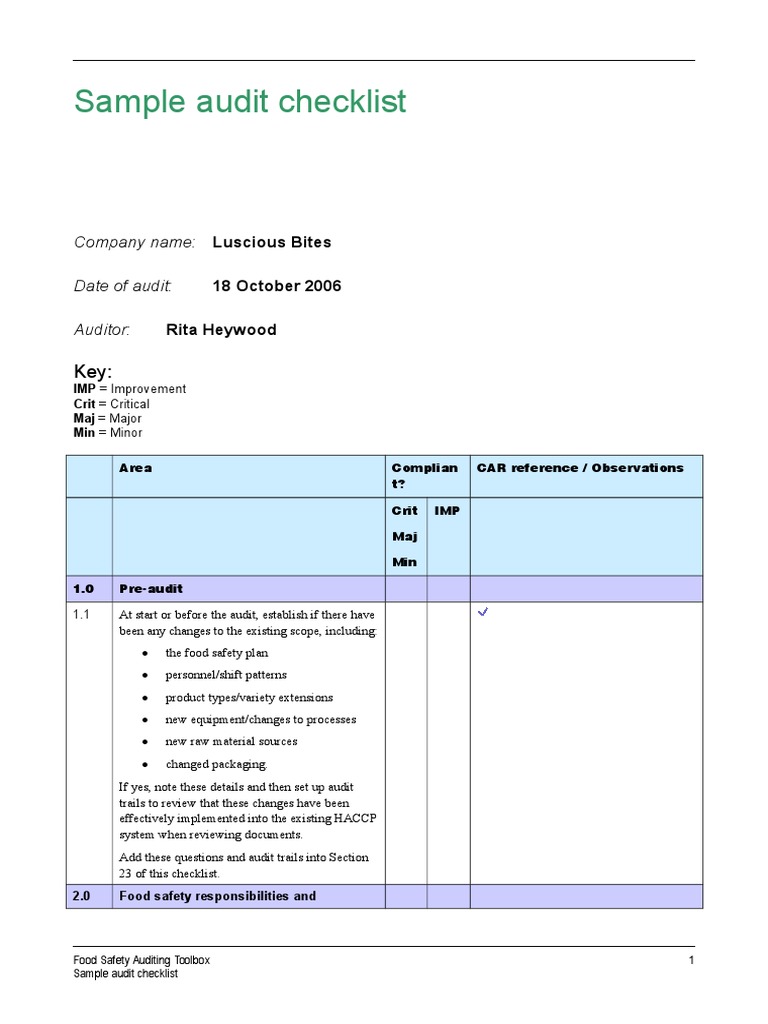 Sample Audit Checklist For HACCP | PDF | Food Safety | Hazard Analysis ...