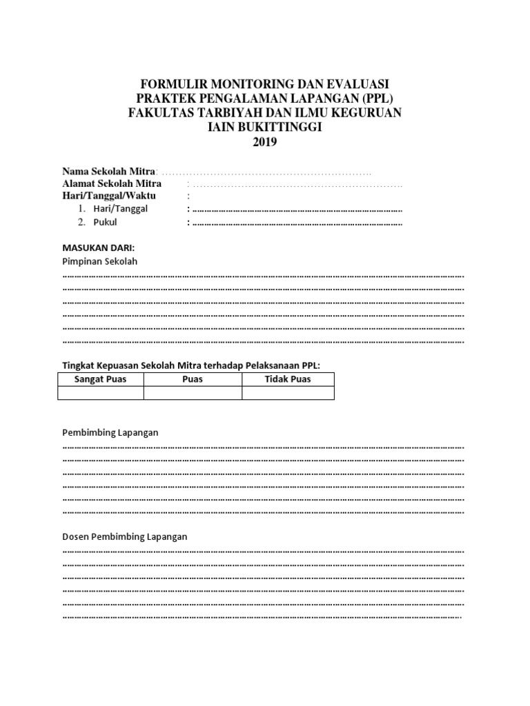 Formulir Monitoring Dan Evaluasi PPL | PDF