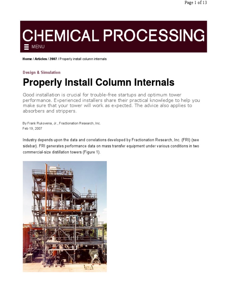 Distillation Tower Internals Installation | PDF | Distillation | Liquids
