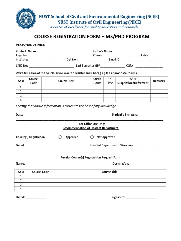 Course Registration Form - MS/PHD Program | PDF