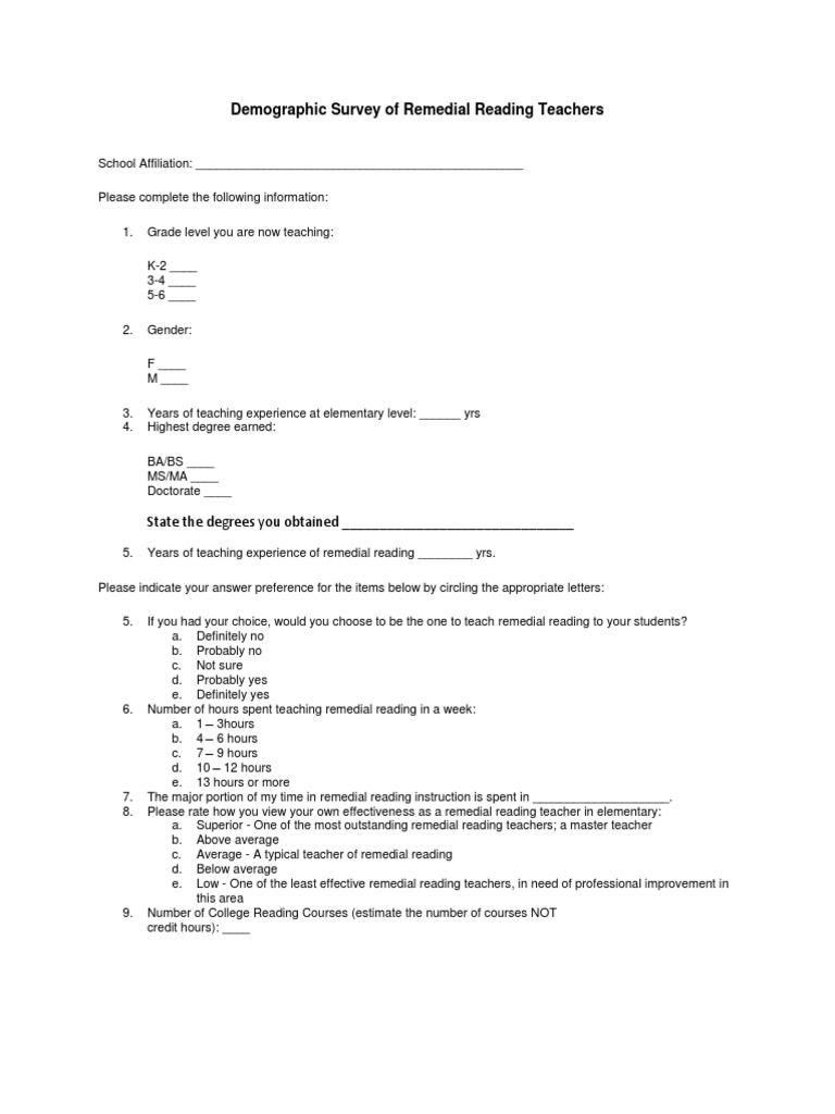 Remedial Reading Teacher Demographics Survey | PDF | Language Arts ...