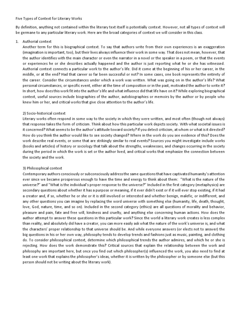 Five Types of Context For Literary Works | PDF | Criticism | Genre