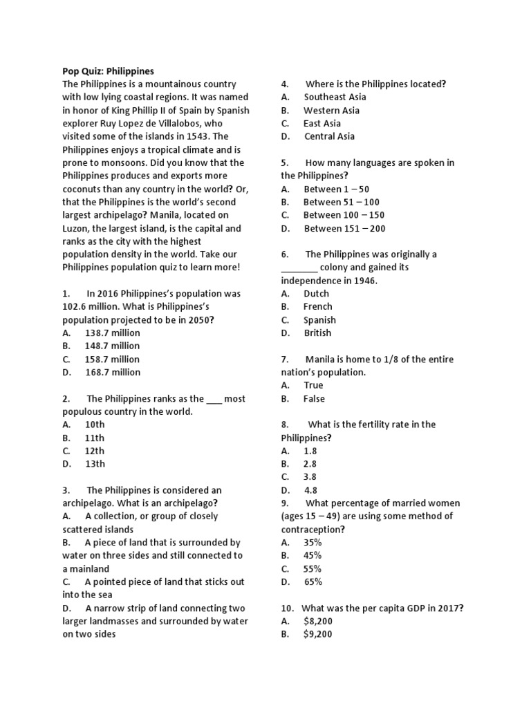 Pop Quiz: Philippines | PDF | Total Fertility Rate | Philippines