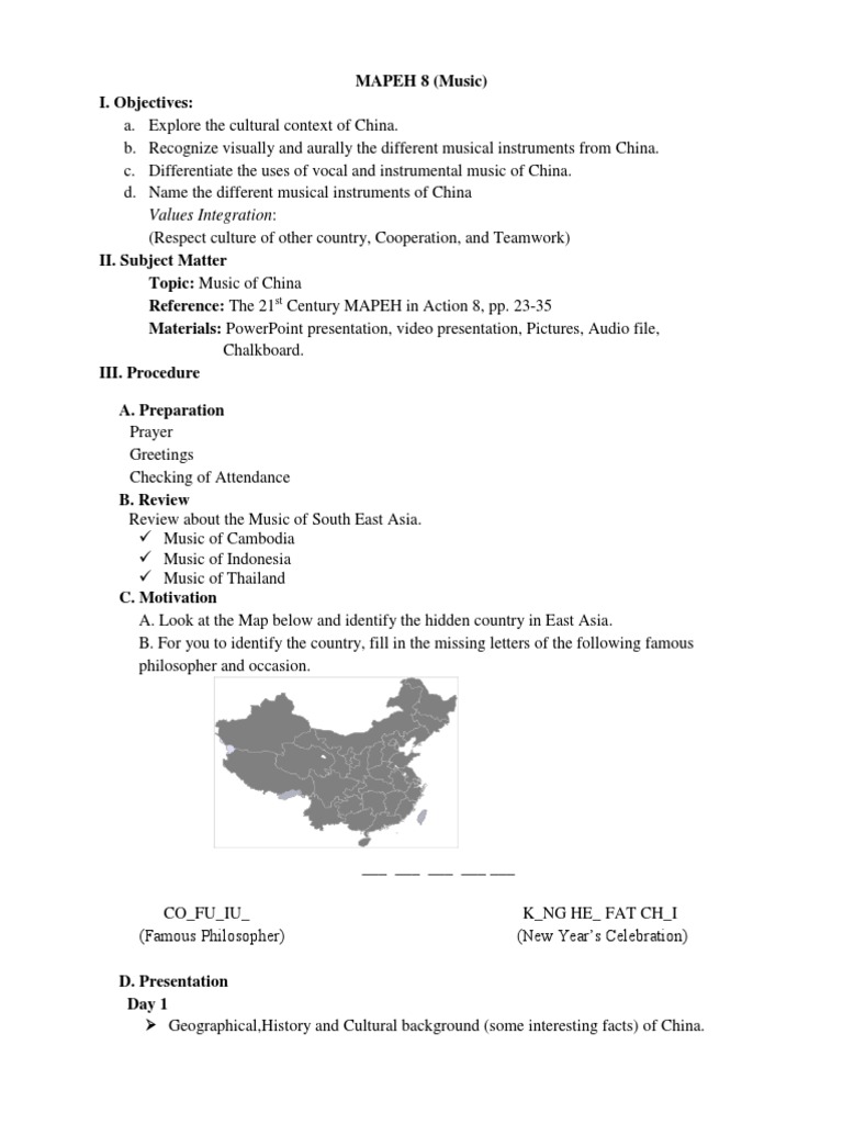 Lesson Plan - Mapeh 8 | PDF | Musical Instruments | China