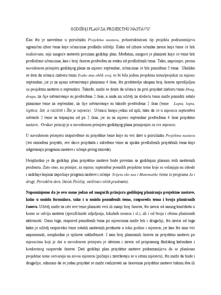 Projektna Nastava Godisnji Plan | PDF