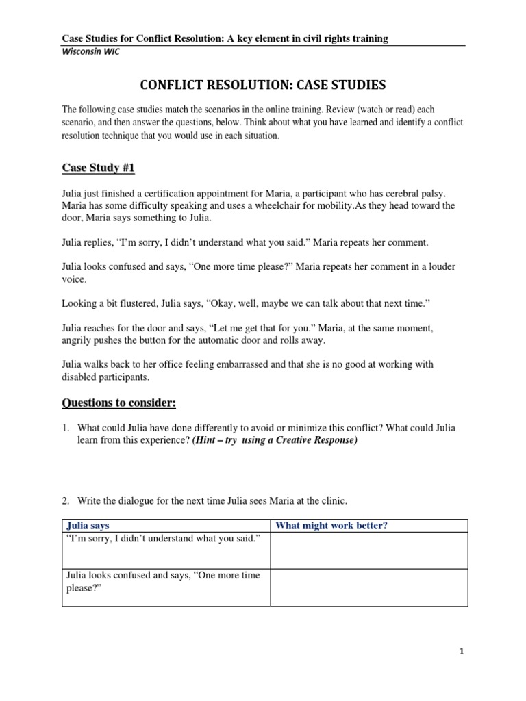 Conflict Resolution Case Studies in WIC | PDF