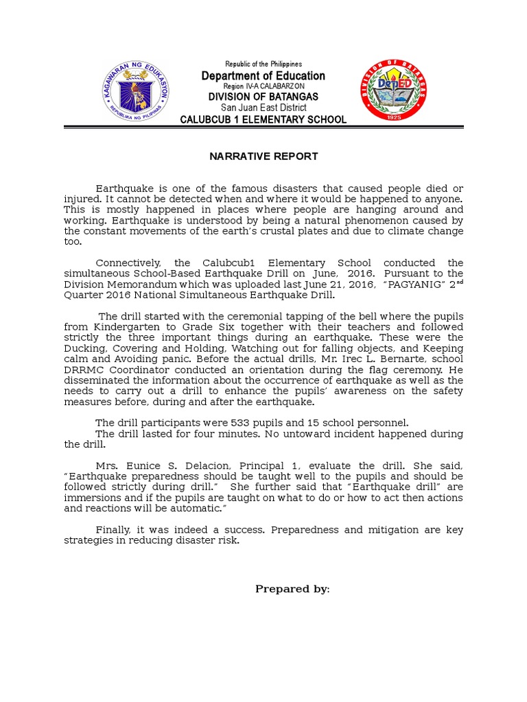 Earthquake Drill Narrative Report 2024 | PDF | Earthquakes | Emergency ...