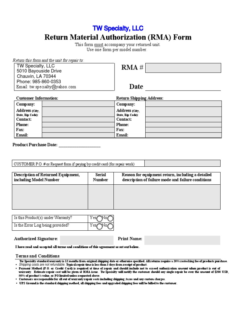 Return Material Authorization (RMA) Form | PDF | Credit Card | Fee