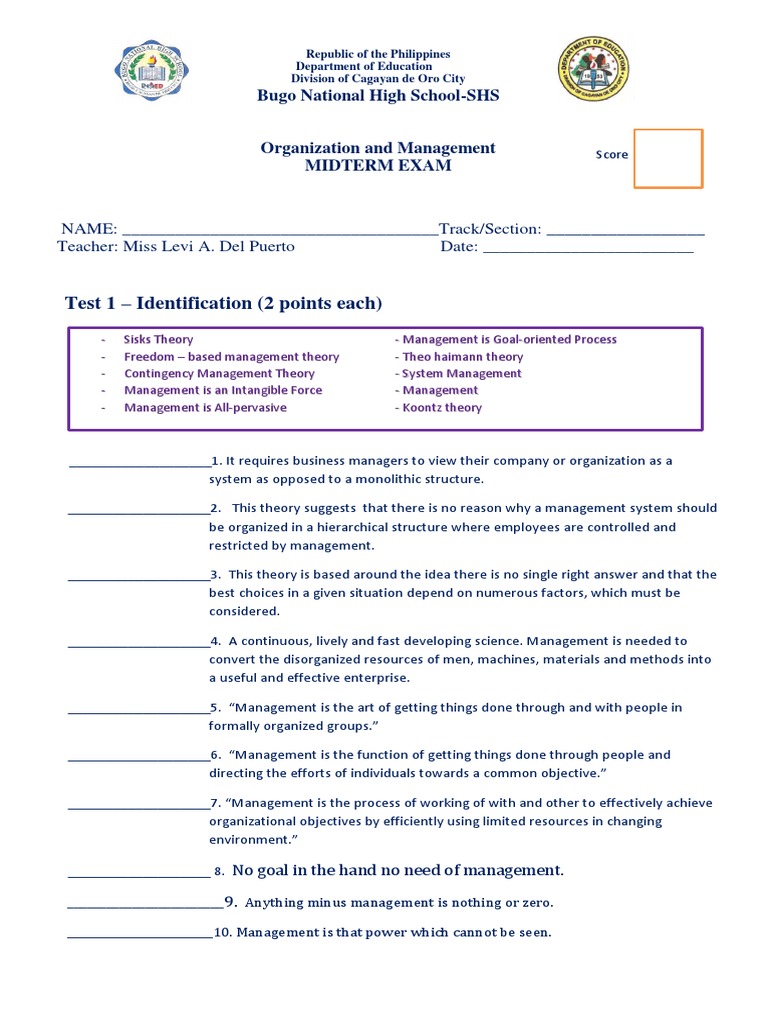Test 1 - Identification (2 Points Each) : Bugo National High School-SHS ...