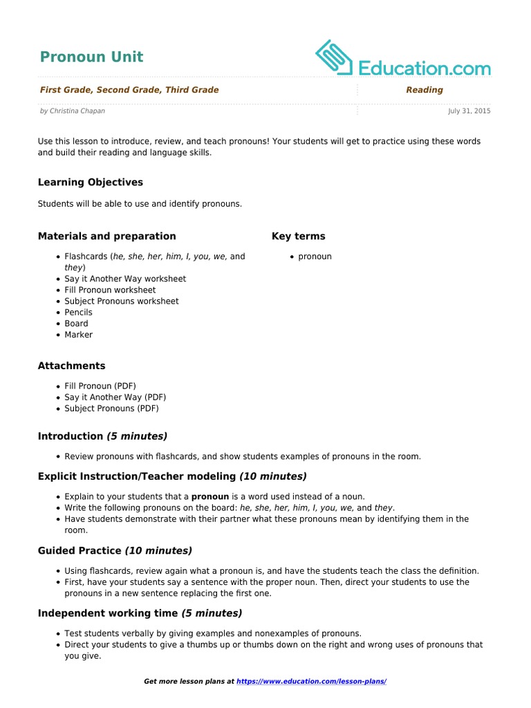 Pronoun Unit | PDF | Pronoun | Lesson Plan