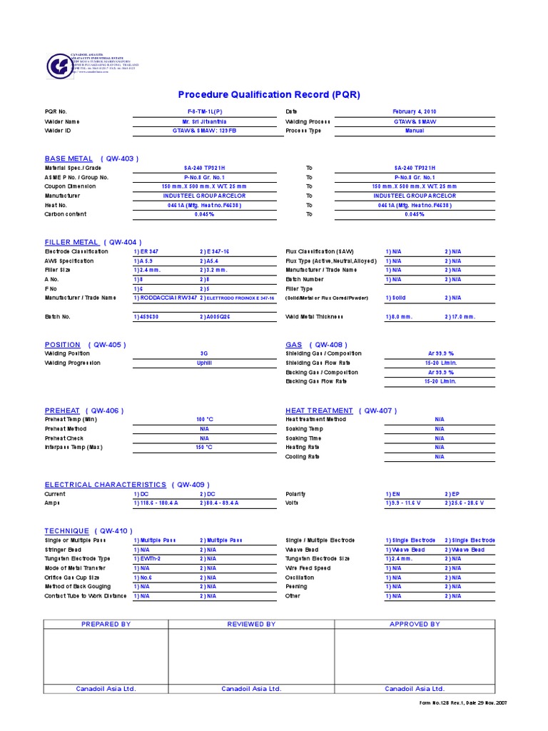 Sample WPS OQR | PDF | Welding | Construction