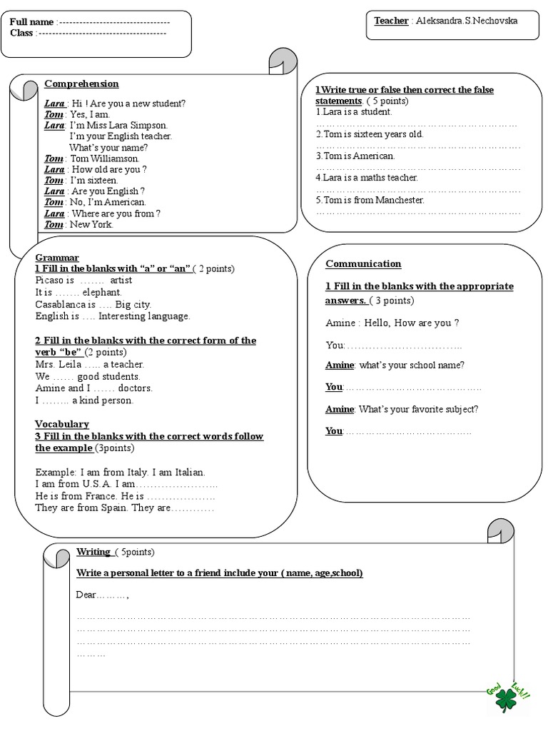 Comprehension: Lara: Hi ! Are You A New Student? Tom: Yes, I Am. Lara ...