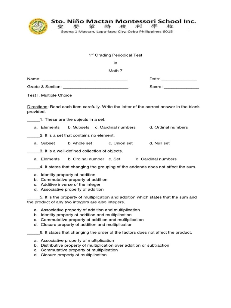Grade 7 Math 1st Periodical Test | PDF | Multiplication | Set (Mathematics)