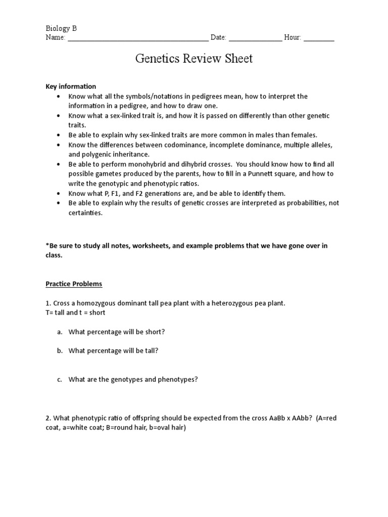 Genetics Review Sheet 2017 | PDF | Dominance (Genetics) | Zygosity